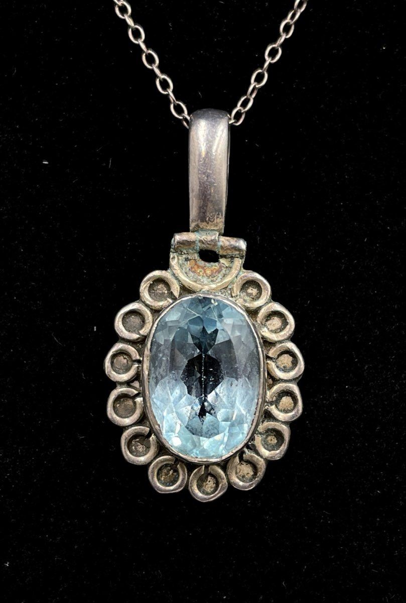 925 Silver Cable Chain Claw Clasp Necklace Pendant W/ Faceted Blue ...