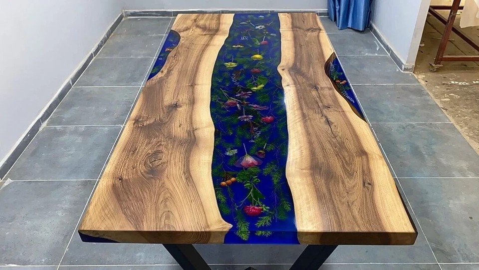 Flowers Walnut Blue Epoxy Resin Table/epoxy computer desk/epoxy coffee ...