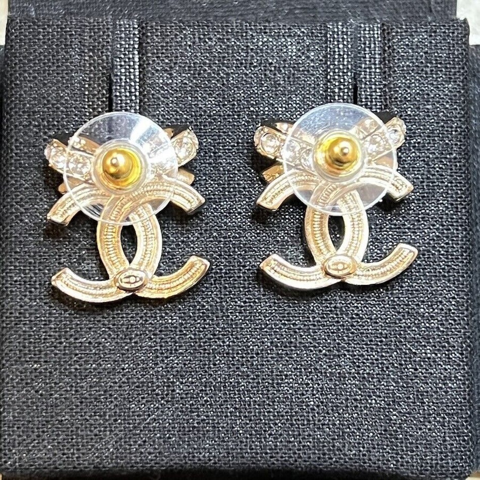 Authentic Chanel 2023 CC Logos RHINESTONES Bow Stud Gold Tone Earrings ...