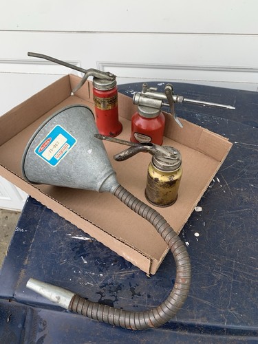 Vintage Galvanized Funnel Goose Neck & 3 Oil Cans Trigger Type Oilers ...