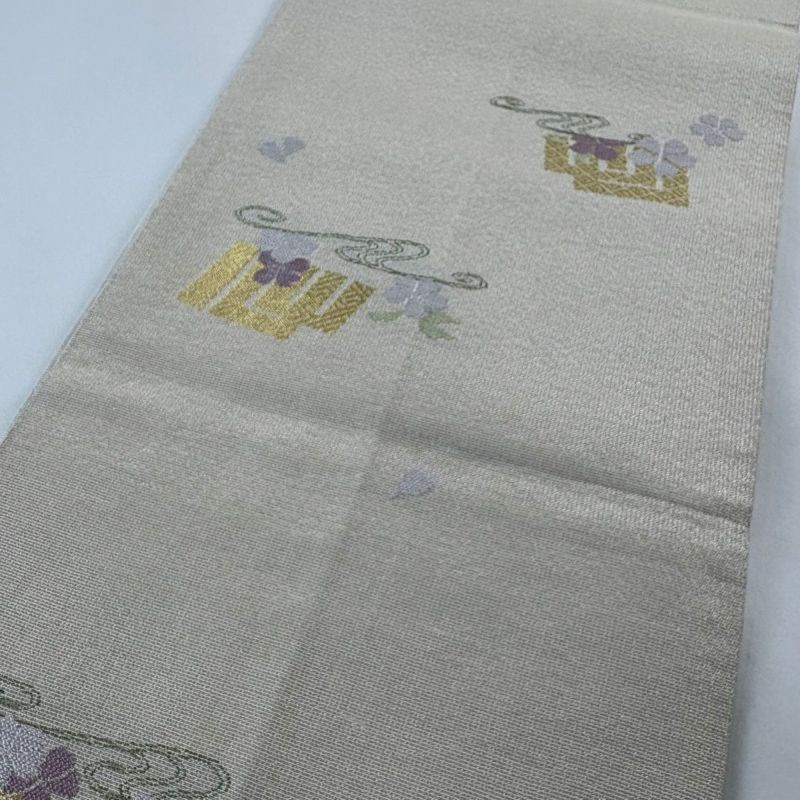 Japanese Silk Fukuro obi Beige Genji-ko incense pattern Cherry blossom ...