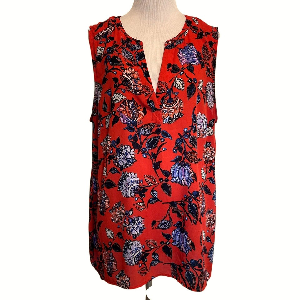 DR2 Floral Tank Womens Large Red Split Neck Boho Sleeveless Top Career ...