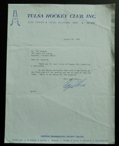 1968 Tulsa Hockey Club Letter To Fan Signed by Ray Miron NHL Executive ...
