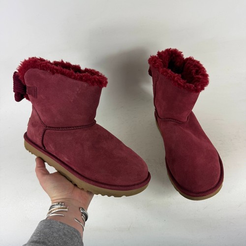 UGG Mini Bailey Bow Glimmer Velvet Ribbon Boot Women's 7 Red Woven ...