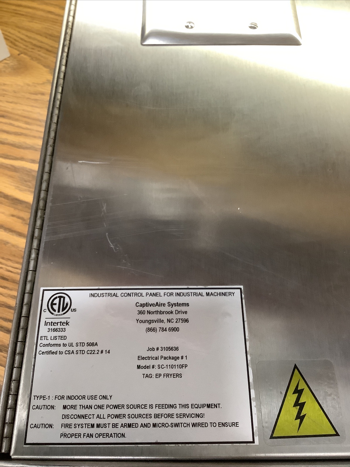 INDUSTRIAL CONTROL PANEL FOR INDUSTRIAL MACHINERY INTERTEK SC-110110FP ...