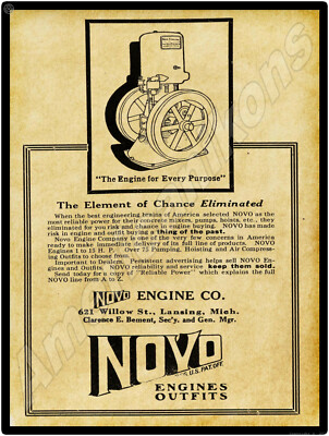 1916 Novo Gas Engines New Metal Sign: Lansing, MI - LARGE SIZE 12 x 16 ...