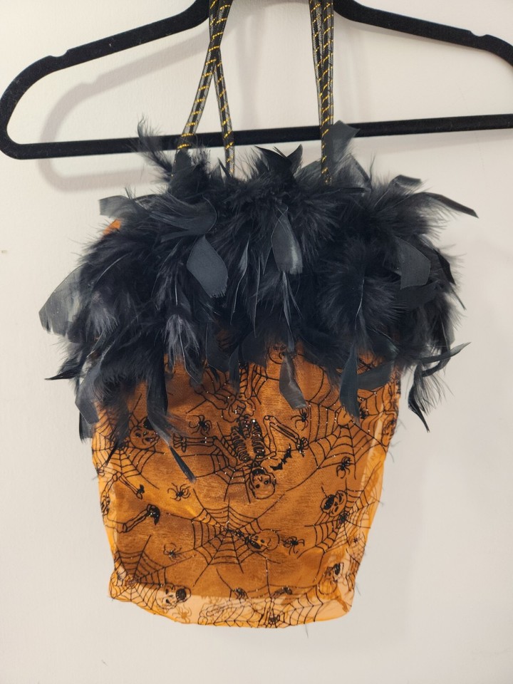 Halloween Purse Skulls Spider Web Print Feathers Black Orange Coil ...
