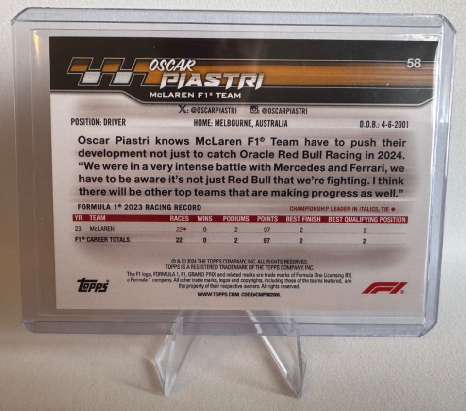 2024 Topps Formula 1 F1 Paddock Pass Oscar Piastri Red Foil #58 McLaren ...