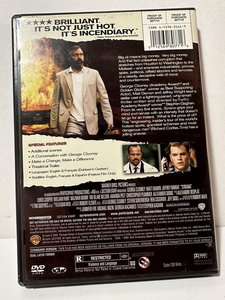 Syriana DVD Full-Screen Edition George Clooney (Great Condition ...