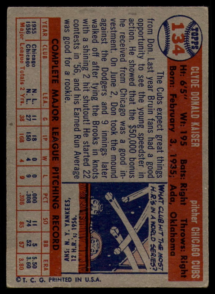 1957 Topps #134 Don Kaiser EX Cubs ID:60530 | eBay