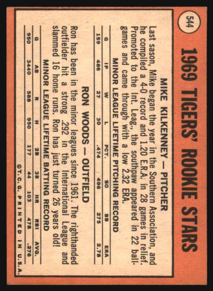 1969 Topps #544 Tigers Rookies Mike Kilkenny/Ron Woods EX/EX+ RC Rookie ...