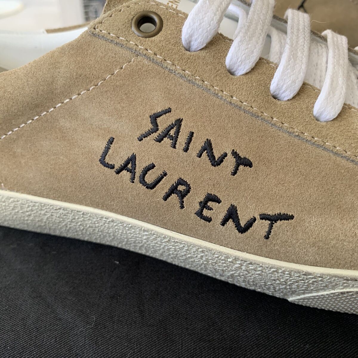 NEW YSL Saint Laurent Leather Logo Embroidered Tan Beige NEW YSL Saint Laurent Leather Logo Embroidered Tan Beige