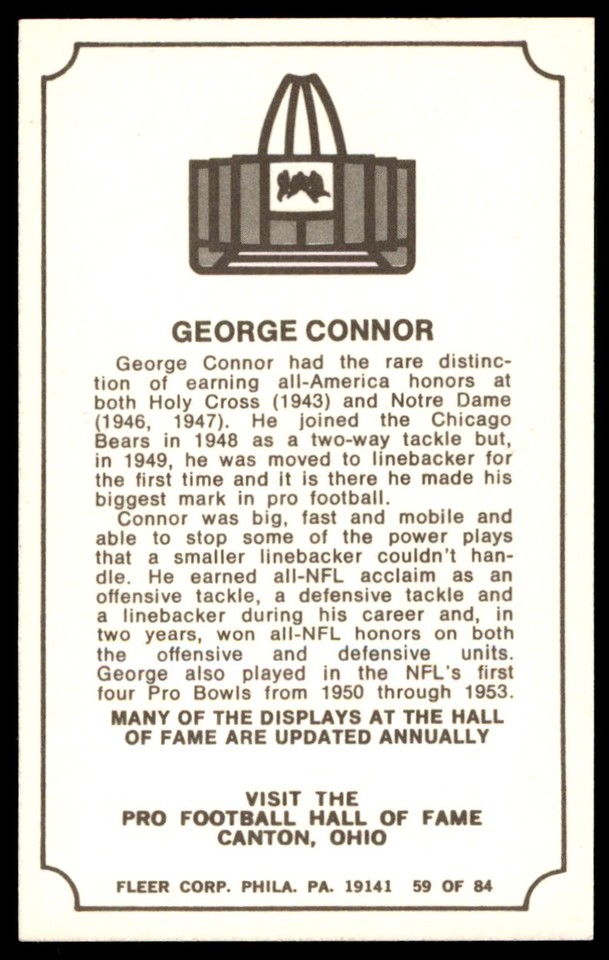 1975 FLEER FOOTBALL CARDS IMMORTAL ROLL GEORGE CONNOR CHICAGO BEARS ...