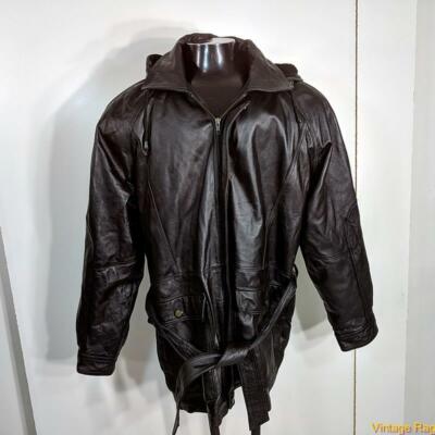 CONNECTION Leather COAT JACKET Mens Size M black belted w/ liner hooded ...