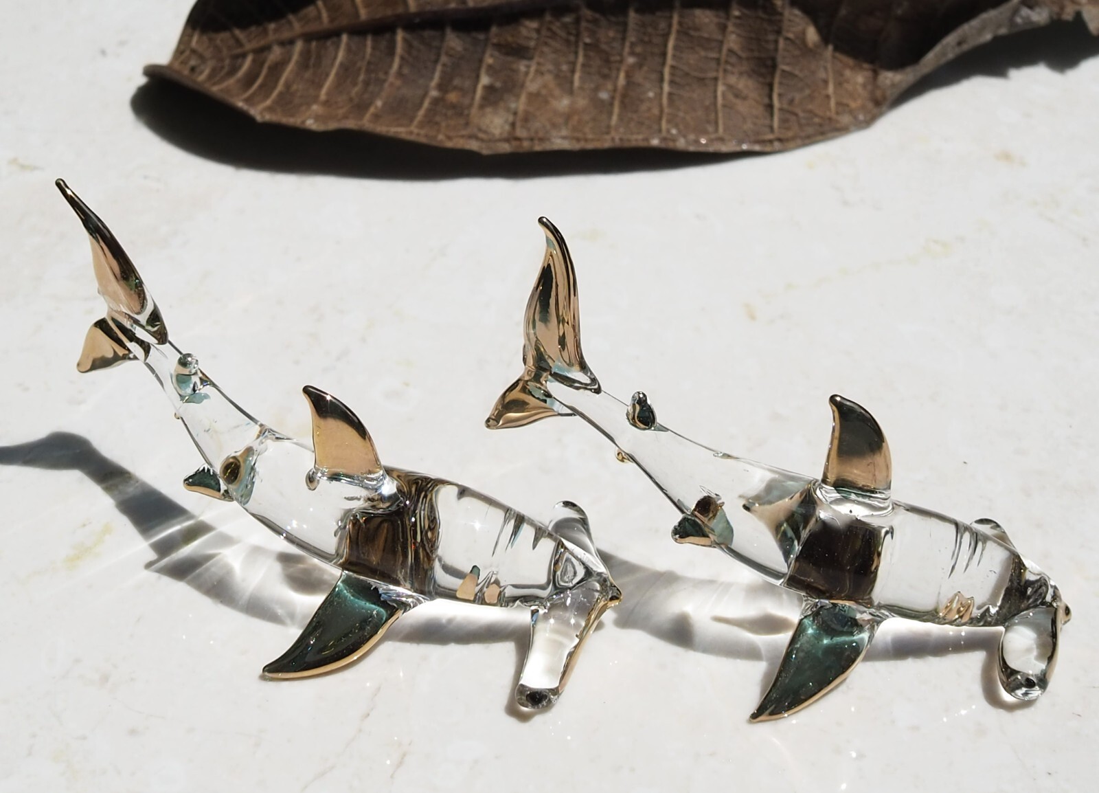 Pair of HAMMERHEAD shark figurine hand blown glass gold trim 2.75" Gift ...