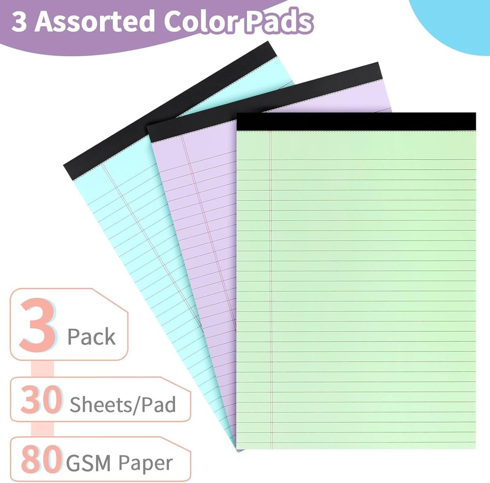 Colored Legal Pads, 3 Pack Writing Pads 8.5 x 11 inch, Micro Perforated ...