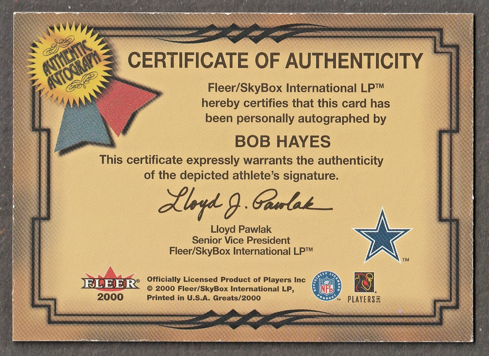 Bob Hayes 2000 Greats Of The Game Autograph Dallas Cowboys Bold On The ...