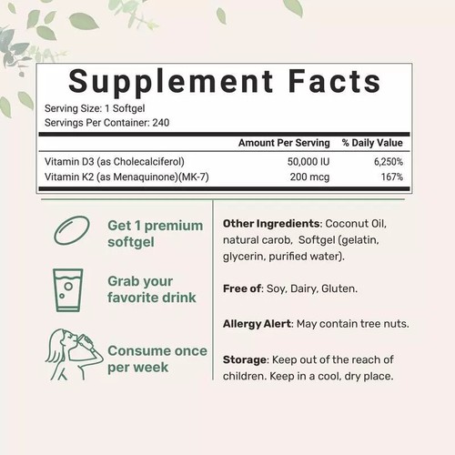 Vitamin D3 K2 Softgels Capsules -Extra Strength D3 K2 Supplements with ...