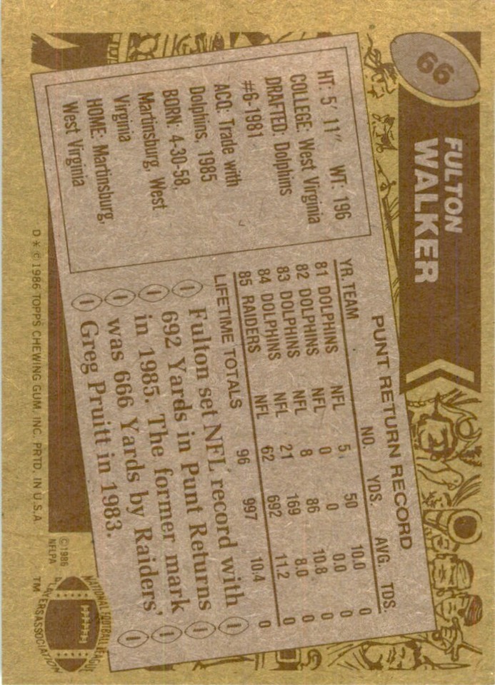 1986 TOPPS^ FULTON WALKER* LOS ANGELES RAIDERS #66 | eBay