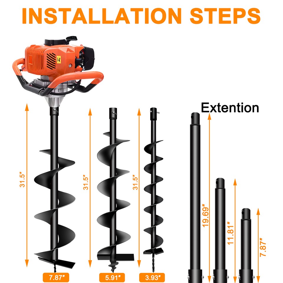 72CC 4HP Gas Powered Post Hole Digger w/ 3 Extension Rods + 3 Auger ...