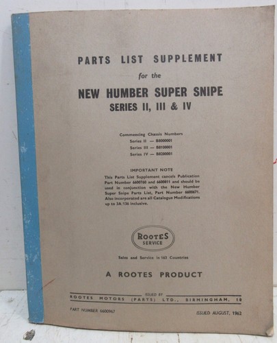 1962 Rootes Parts List for the New Humber Super Snipe Series 2-3 & 4 ...