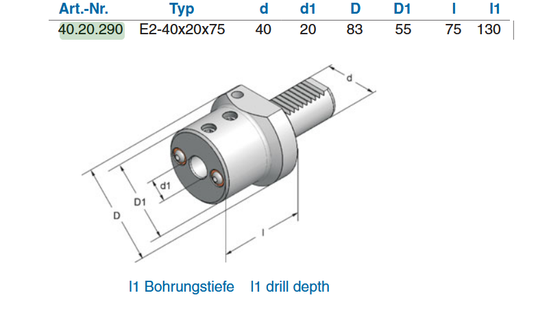 ZURN VDI 40 Boring Bar Tool Holder 20 mm Round Form E2 40x20 DIN 69880 ...