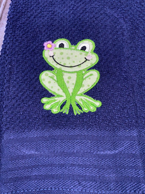 Embroidered Appliqued Green Spotted Frog Blue Kitchen Hand Towel BS2848 ...