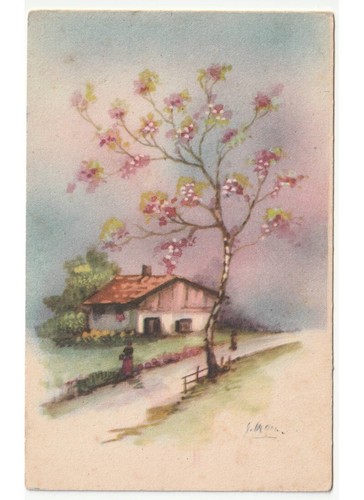 Spring Vintage Postcard Flowering Tree Country Road House | eBay