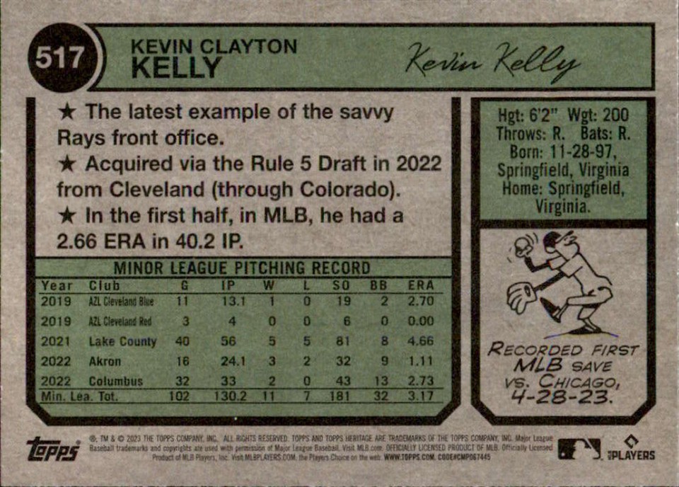 2023 Topps Heritage High Number #517 Kevin Kelly Tampa Bay Rays Rookie ...