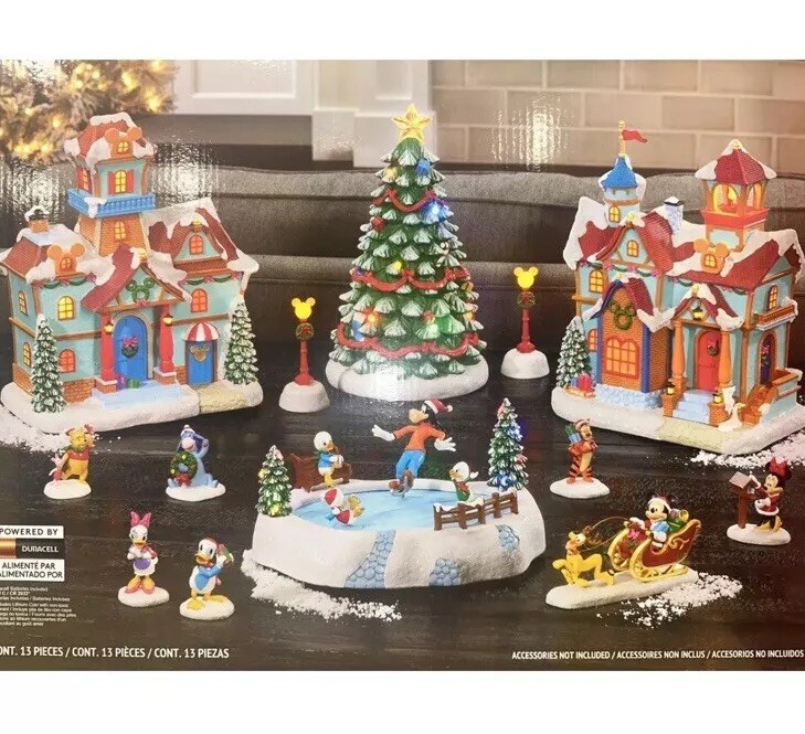Disney MICKEY MOUSE Holiday Village 13pc Set Lights Music Collectors ...