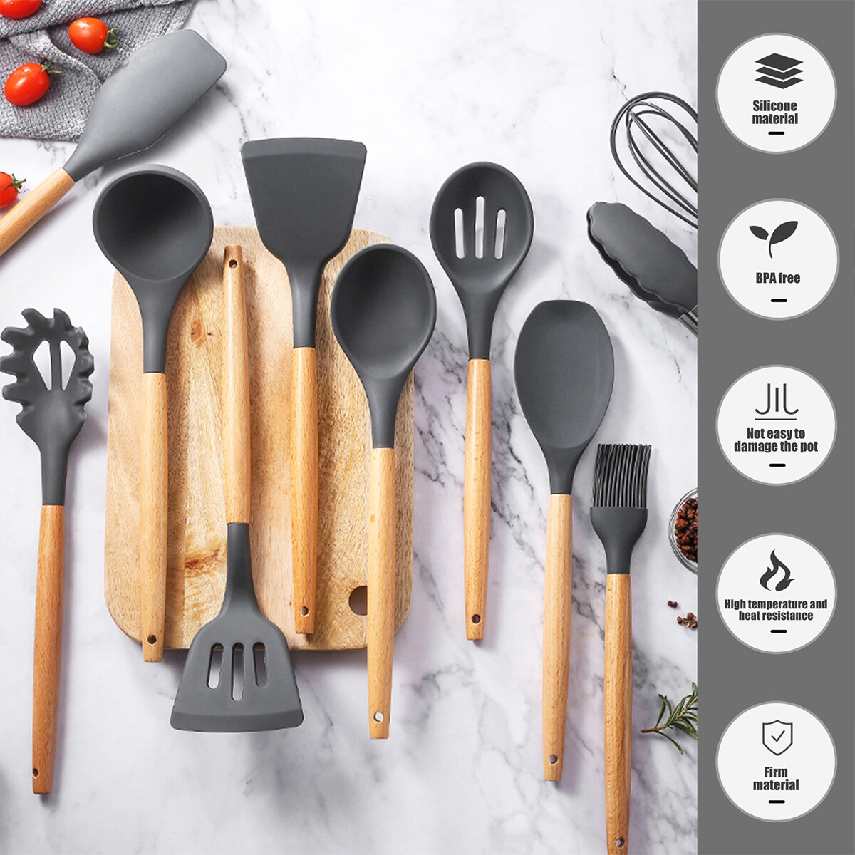 12Pcs Silicone Cooking Utensils Set Heat Resistant Wooden Handle ...