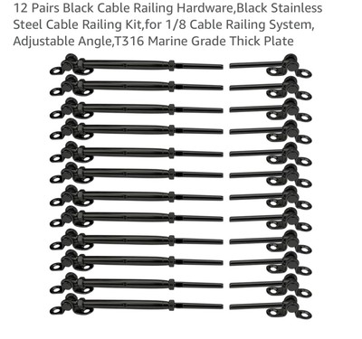 12 Pairs Black Cable Railing Hardware. Black Stainless Steel Kit For 1/ ...