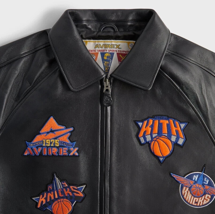 Kith & Avirex Leather Jacket New York Knicks Icon Patches NBA Black ...