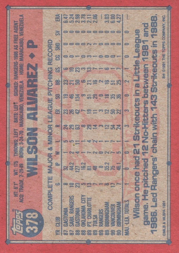 TOPPS 40 YEARS OF BASEBALL 1991 BASEBALL CARD 378 WILSON ALVAREZ WHITE ...