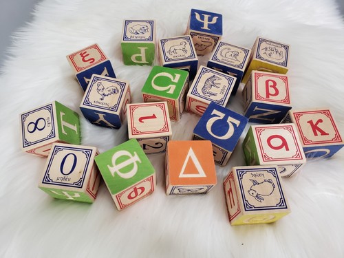 Uncle Goose Classic Greek Wooden Alphabet ABC Blocks Numbers Animals 19 ...