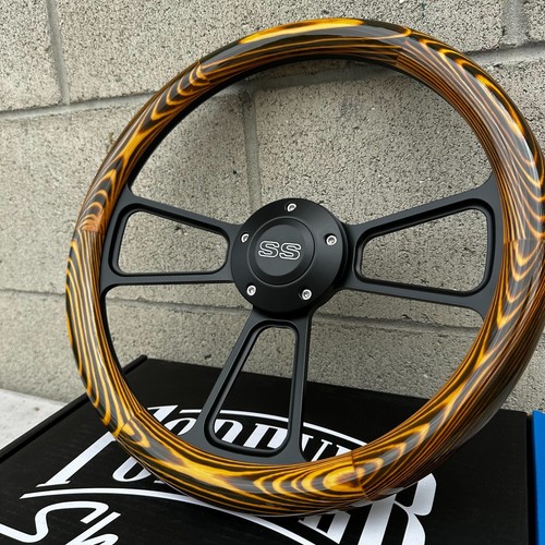 14" Black Muscle Steering Wheel Flamed Pine Wrap w/ Licensed Super Sport SS Horn | eBay