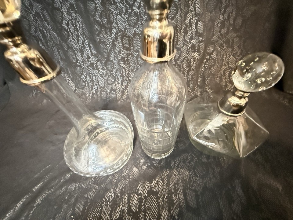 3 Vintage Decanters~Bourbon Scotch Spirits~Unique Shapes-Clear Glass ...