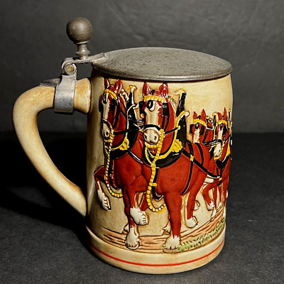 Vtg Heavy Ceramic Budweiser Stein w/Pewter Lid Ceramarte Brazil 16 fl ...