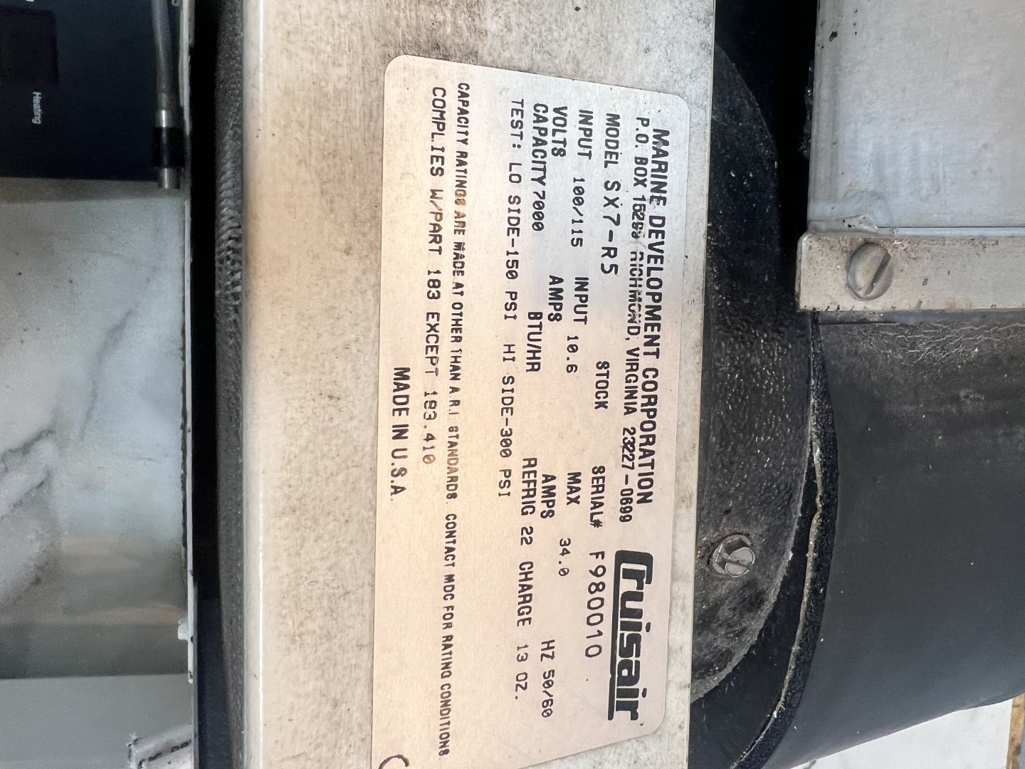 1999 Sea Ray Sundancer 270 Boat Cruisair SX7-R5 Marine Air Conditioner ...