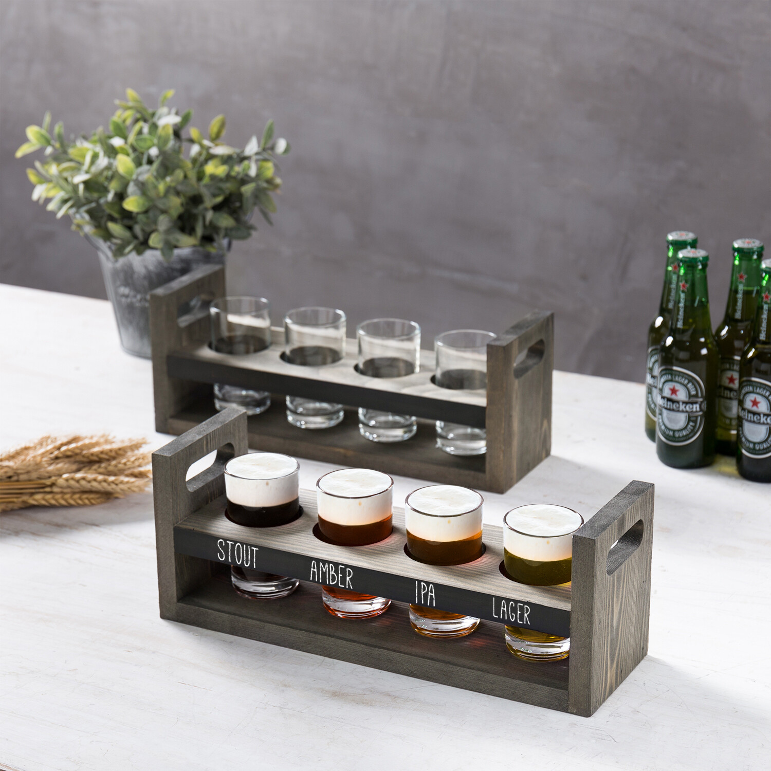Gray Wood Beer Serving Tray with Chalkboard Panels & 4 Glasses, Beer ...