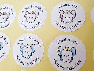 Tooth fairy personalised or generic round stickers labels visit girl ...