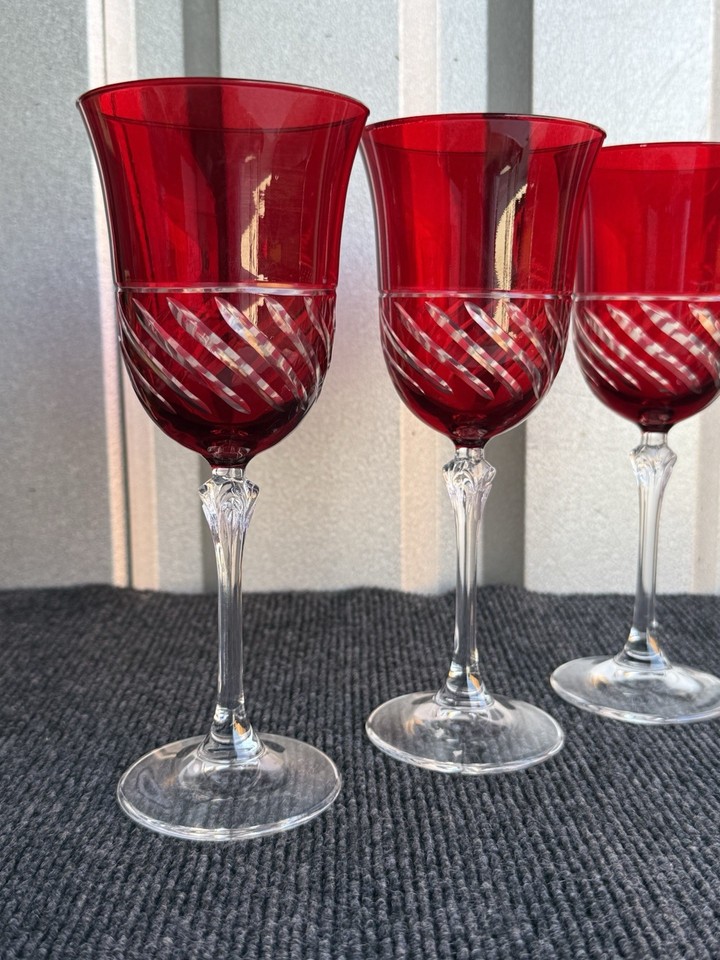 Ruby Red Cut To Clear Stemmed Wine Glass Set 4 Le Stelle Crystal ...