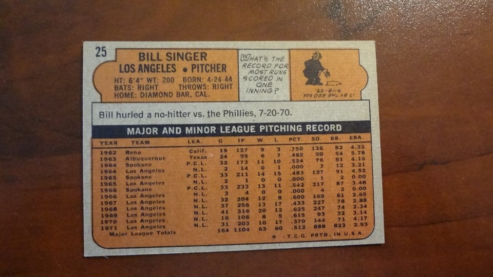 1972 TOPPS # 25 BILL SINGER BASEBALL CARD | eBay