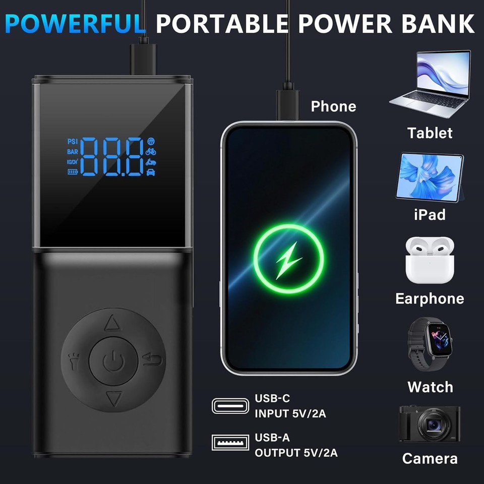 Emergency Rechargable Car Jumper, Compressor Flashlight with a 12000mAH ...