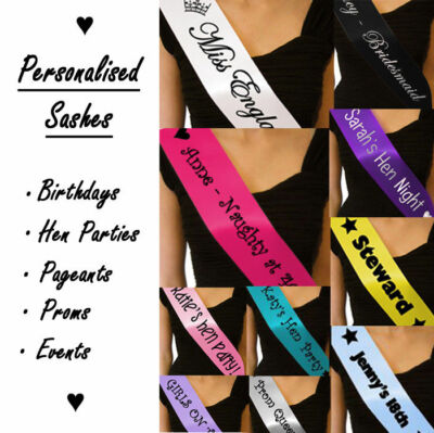 PERSONALISED CUSTOM PRINTED SASH - BIRTHDAY HEN PARTY EVENT PROM ...