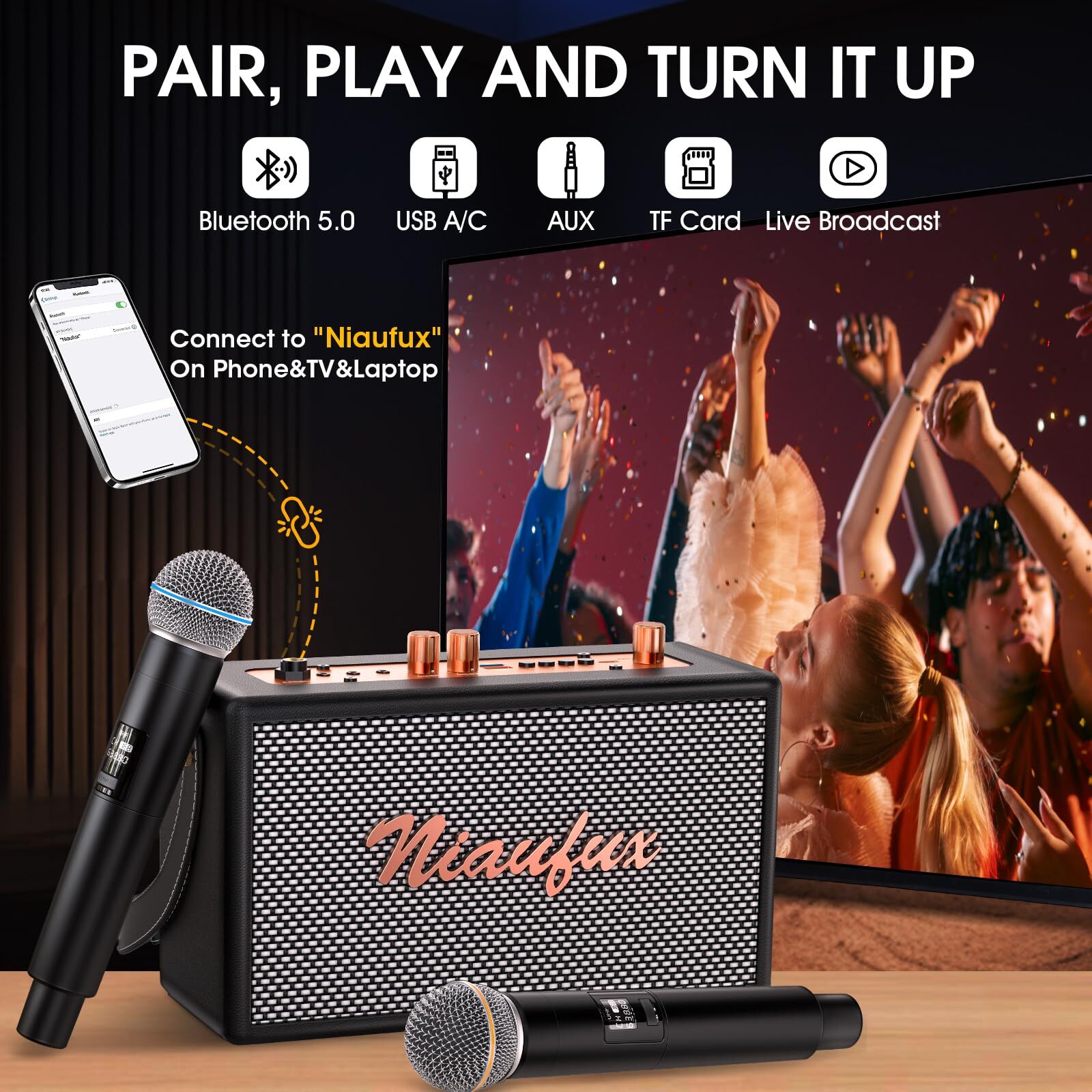 Retro Karaoke Machine with Two Wireless Microphones, Portable Bluetooth ...