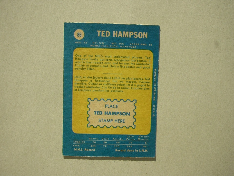 1969/70 O-PEE-CHEE NHL HOCKEY CARD #86 TED HAMPSON NM SHARP!! 69/70 OPC ...