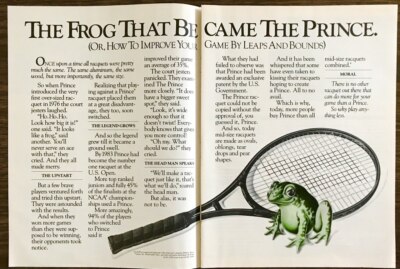 1983 Prince Tennis Rackets 2-pg PRINT AD The Frog That Became The ...