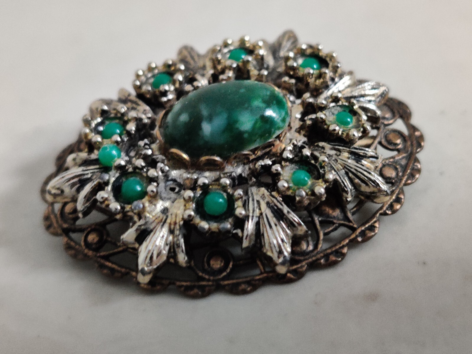 Filigree West Germany Brooch Gilt Brass Malachite Gla… - Gem