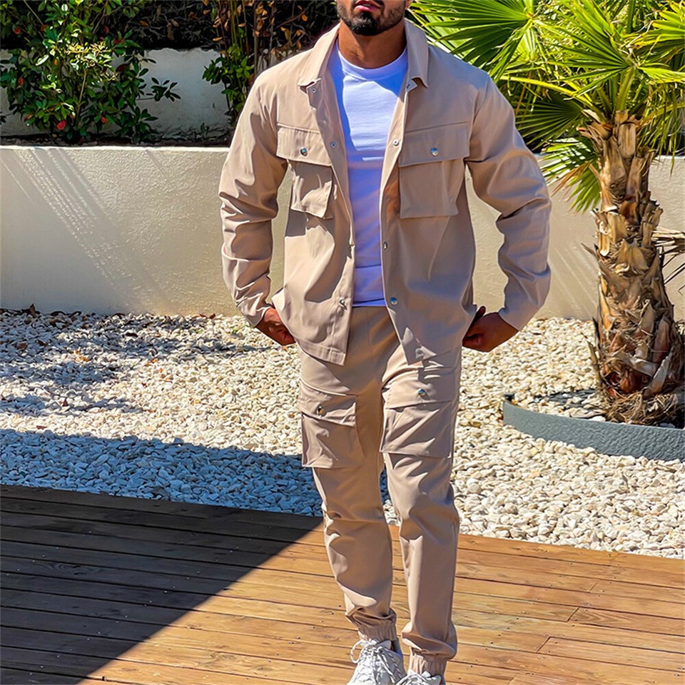 Men Cargo Tracksuit 2 Pcs Athletic Sweatsuits Casual Jogging Sport Suit ...